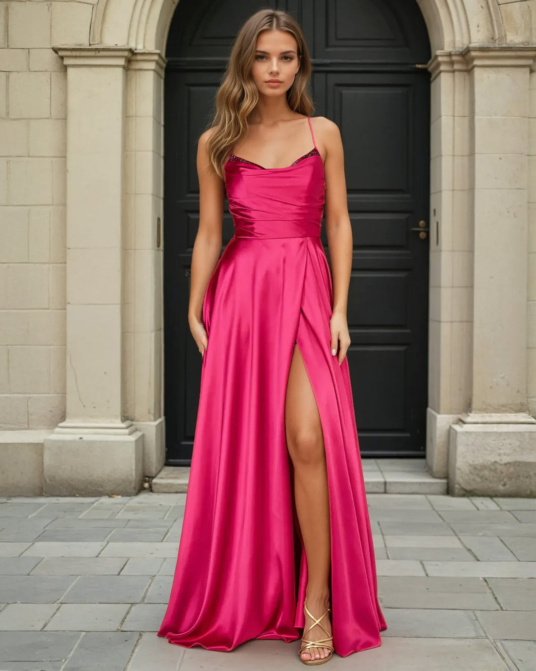 Cindy Satin A-line Gown - Hot Pink – Miss Runway Boutique