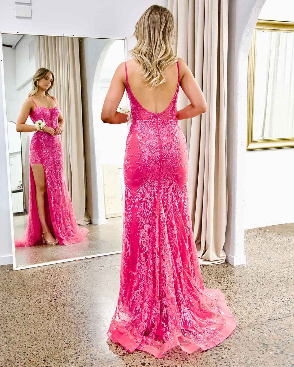 Riley Corset Lace Gown - Fuchsia