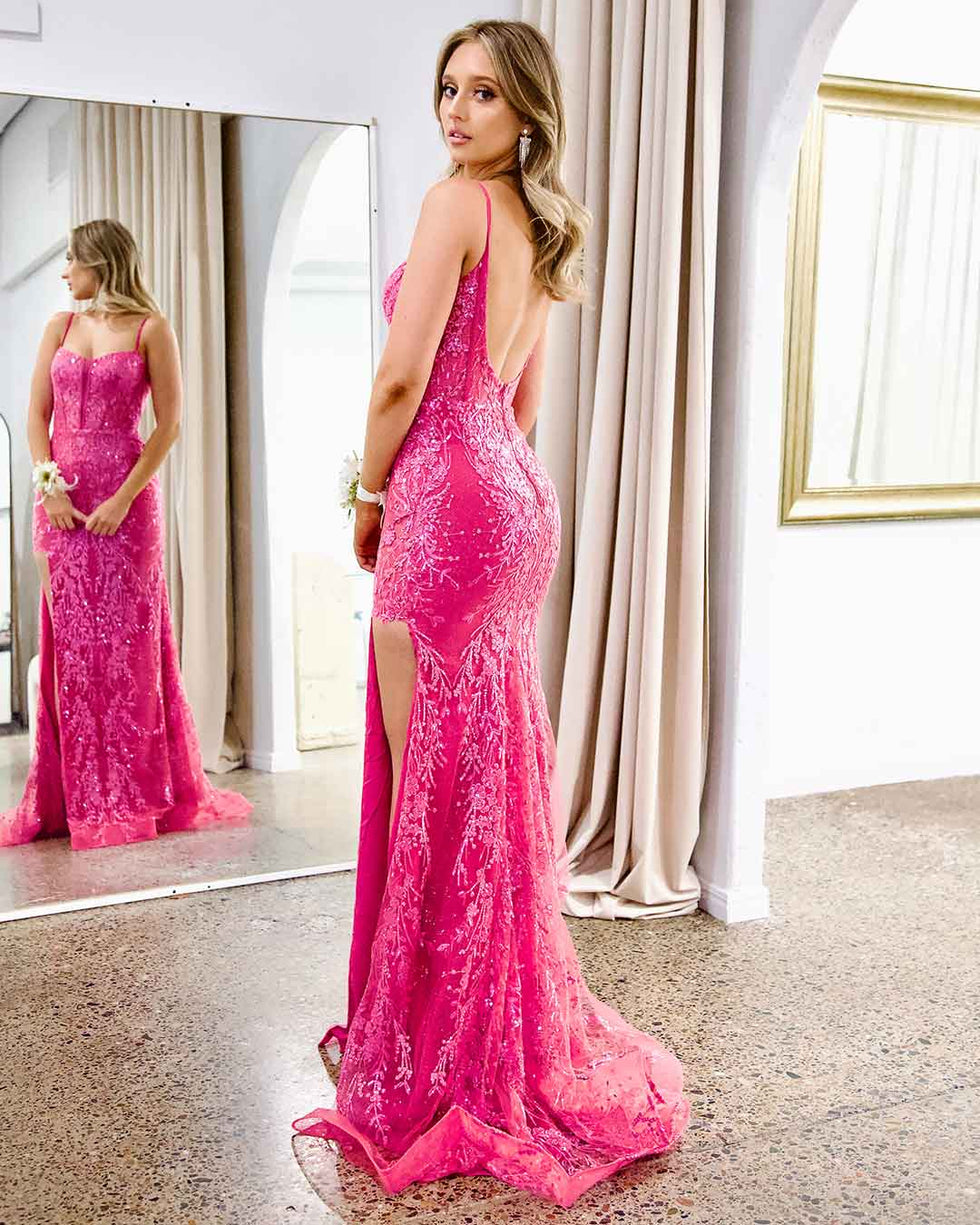 Riley Corset Lace Gown - Fuchsia